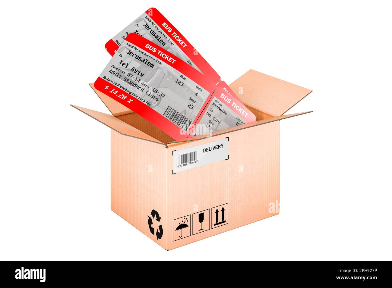 Bus tickets inside cardboard box, delivery concept. 3D rendering ...