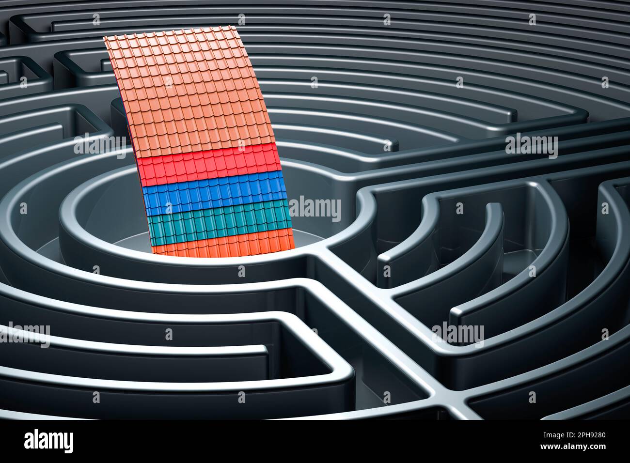 Color Metal Roof Tiles inside labyrinth, maze. 3D rendering Stock Photo ...
