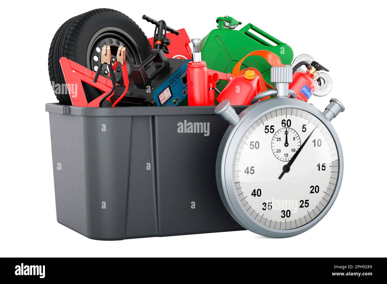 Plastic box full of car tools, equipment and accessories with stopwatch ...