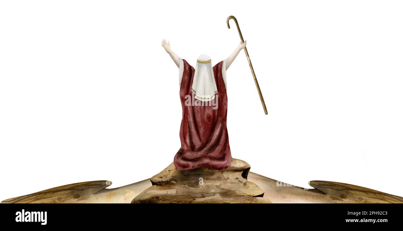 Passover Haggadah scene with Moses separating Red sea watercolor Exodus ...