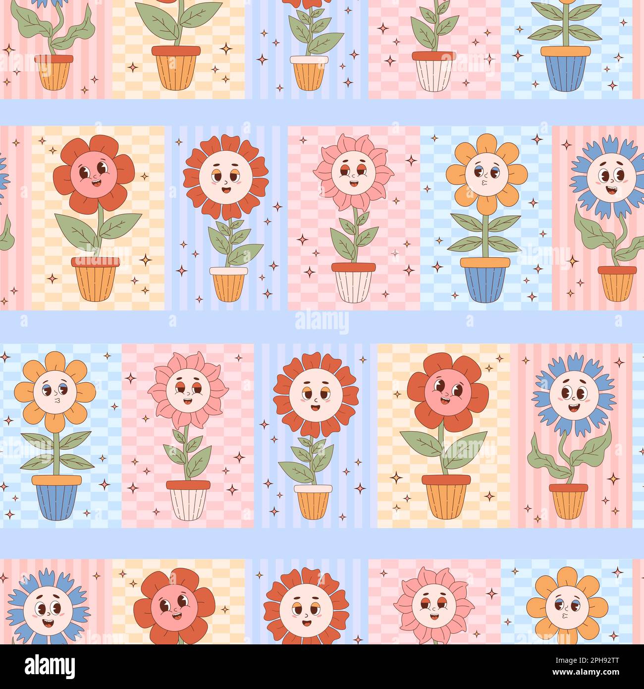 Groovy retro seamless pattern. Flowers power in pots on multi-colored ...