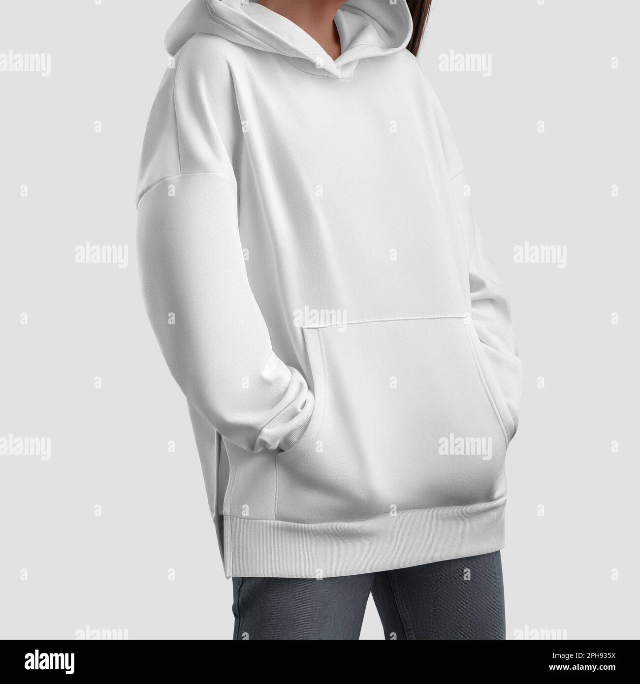 Mockup of white long hoodie on girl with hands in pockets, oversized ...
