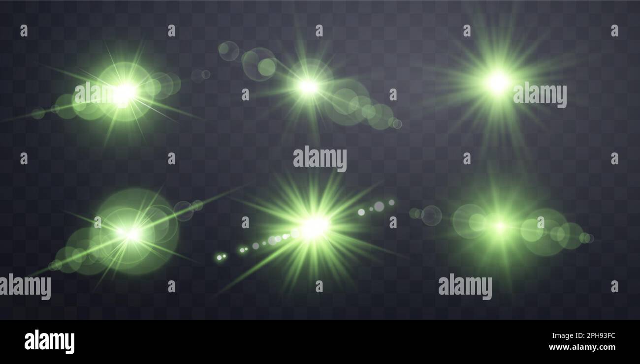 Green lens flares set. Isolated on transparent background. Sun flash ...