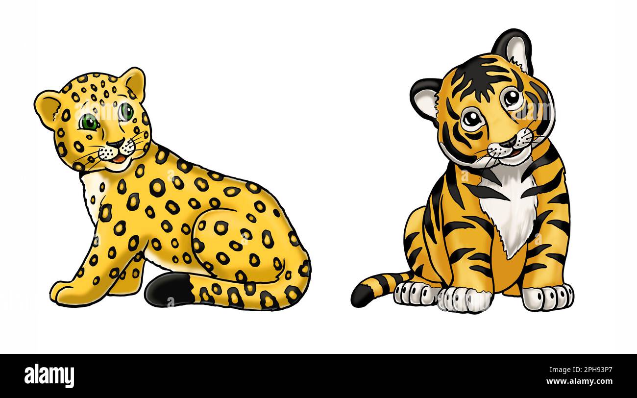 Cute leopard and tiger baby illustration. Isolated template with funny ...