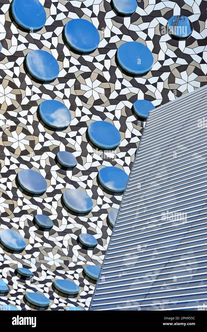 Abstract close up of architectural building cladding blue manipulated ...
