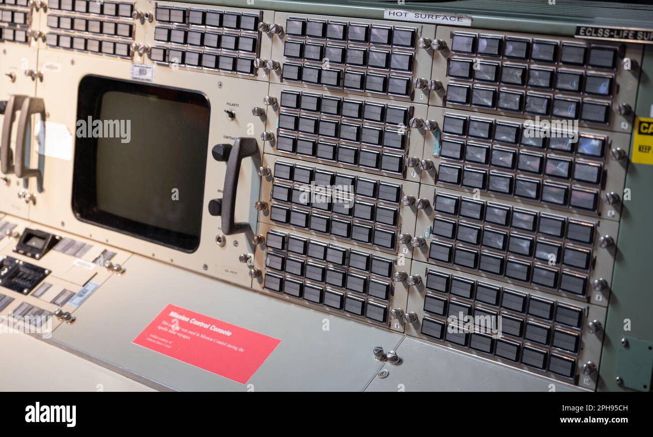 A high-resolution closeup of a vintage mission control console ...