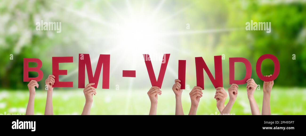 People Hands Building Word Bem-Vindo Means Welcome, Grass Meadow Stock ...