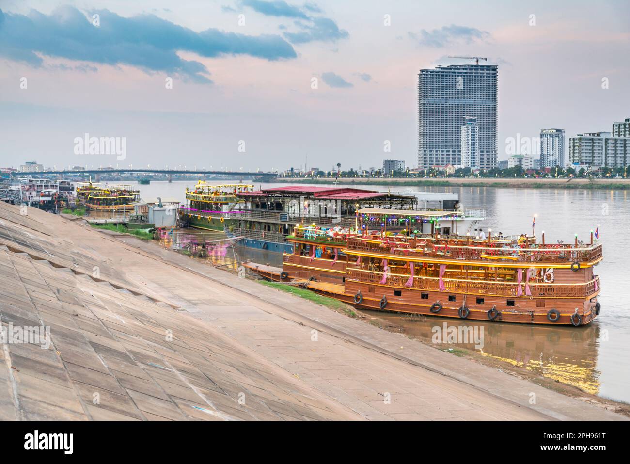 Colorfully lit at dusk,on the Riverside area of Phnom Penh,used as ...