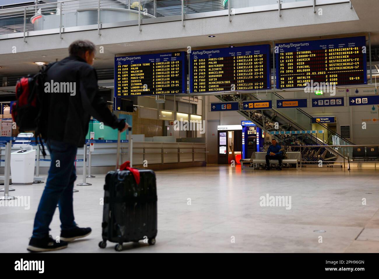 Nuremberg, Germany. 27th Mar, 2023. The departure board at the airport ...