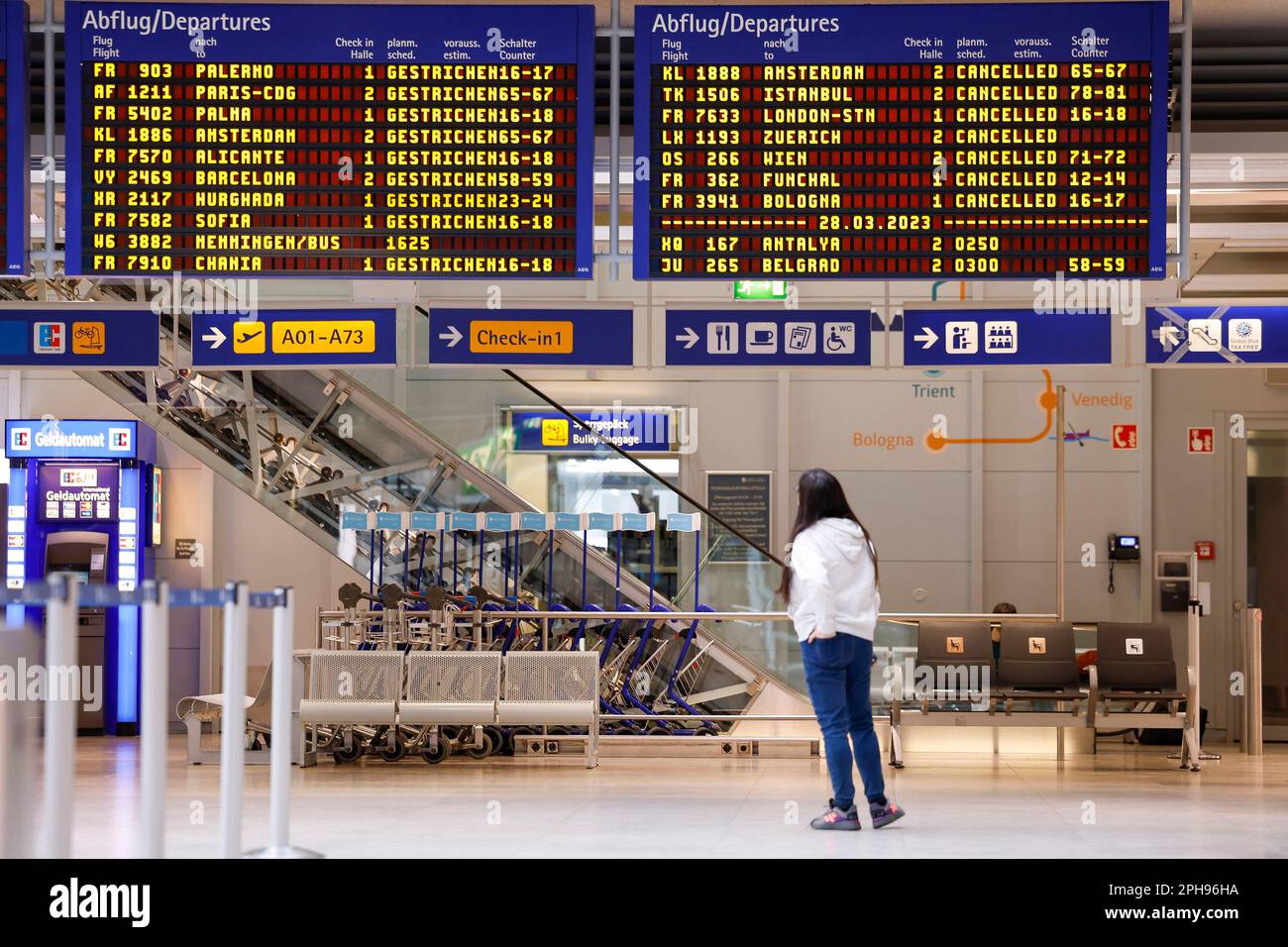 Nuremberg, Germany. 27th Mar, 2023. The departure board at the airport ...