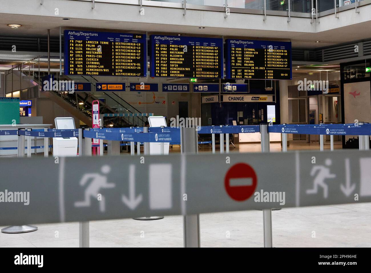 Nuremberg, Germany. 27th Mar, 2023. The departure board at the airport ...