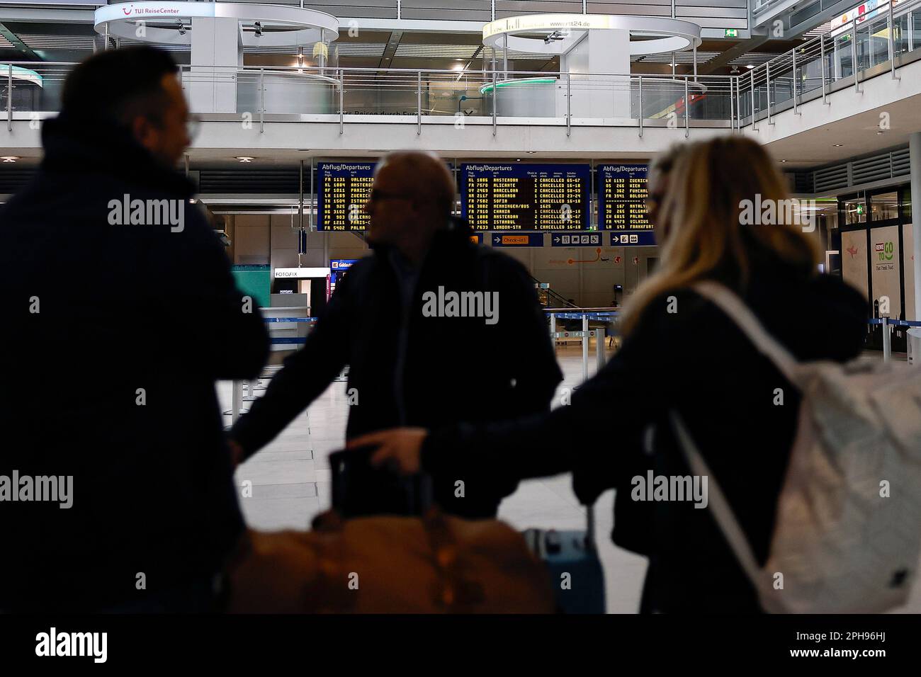 Nuremberg, Germany. 27th Mar, 2023. The departure board at the airport ...