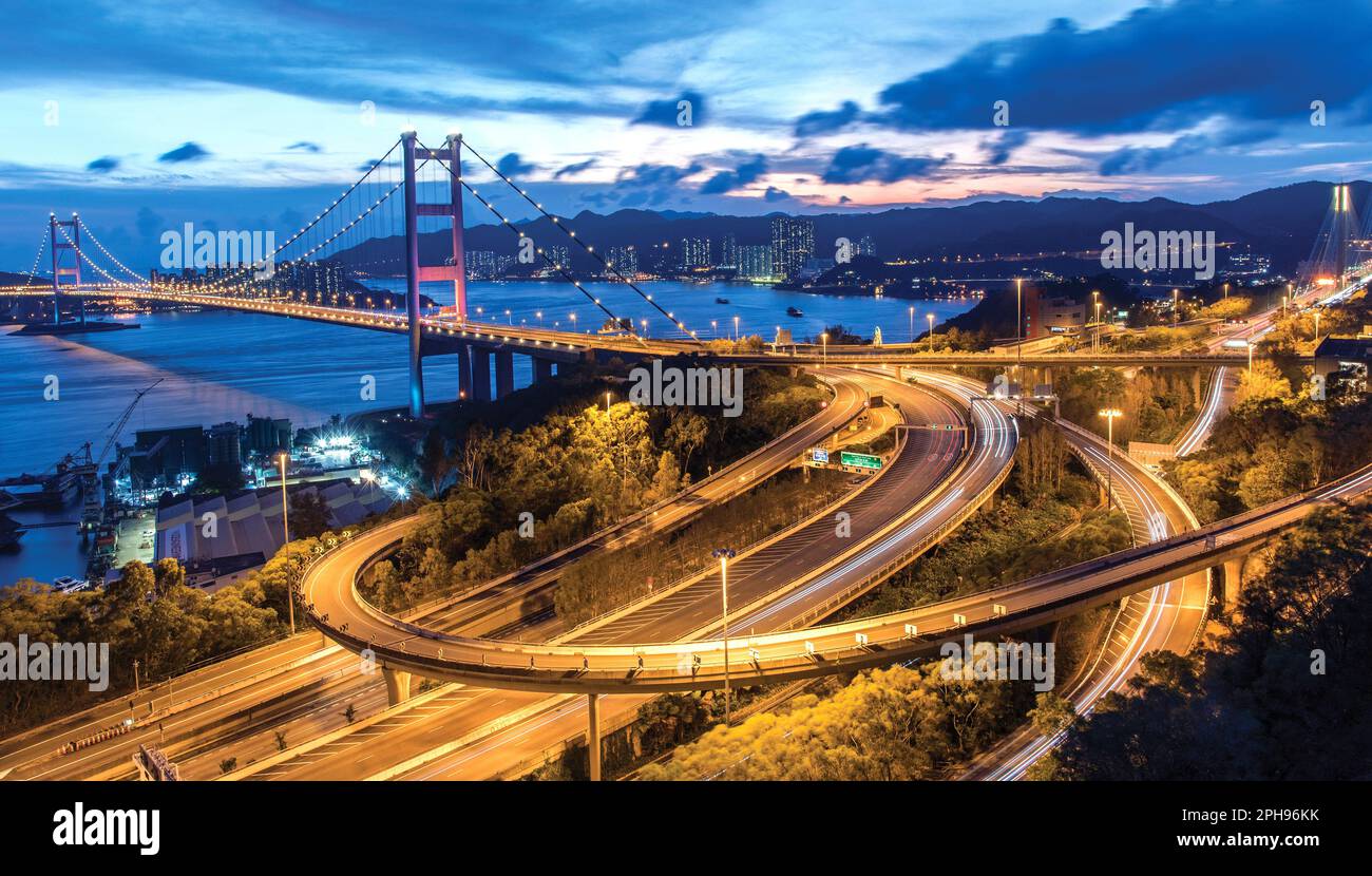View of Tsing Ma Bridge and highway from Tsing Yi nature trail at ...