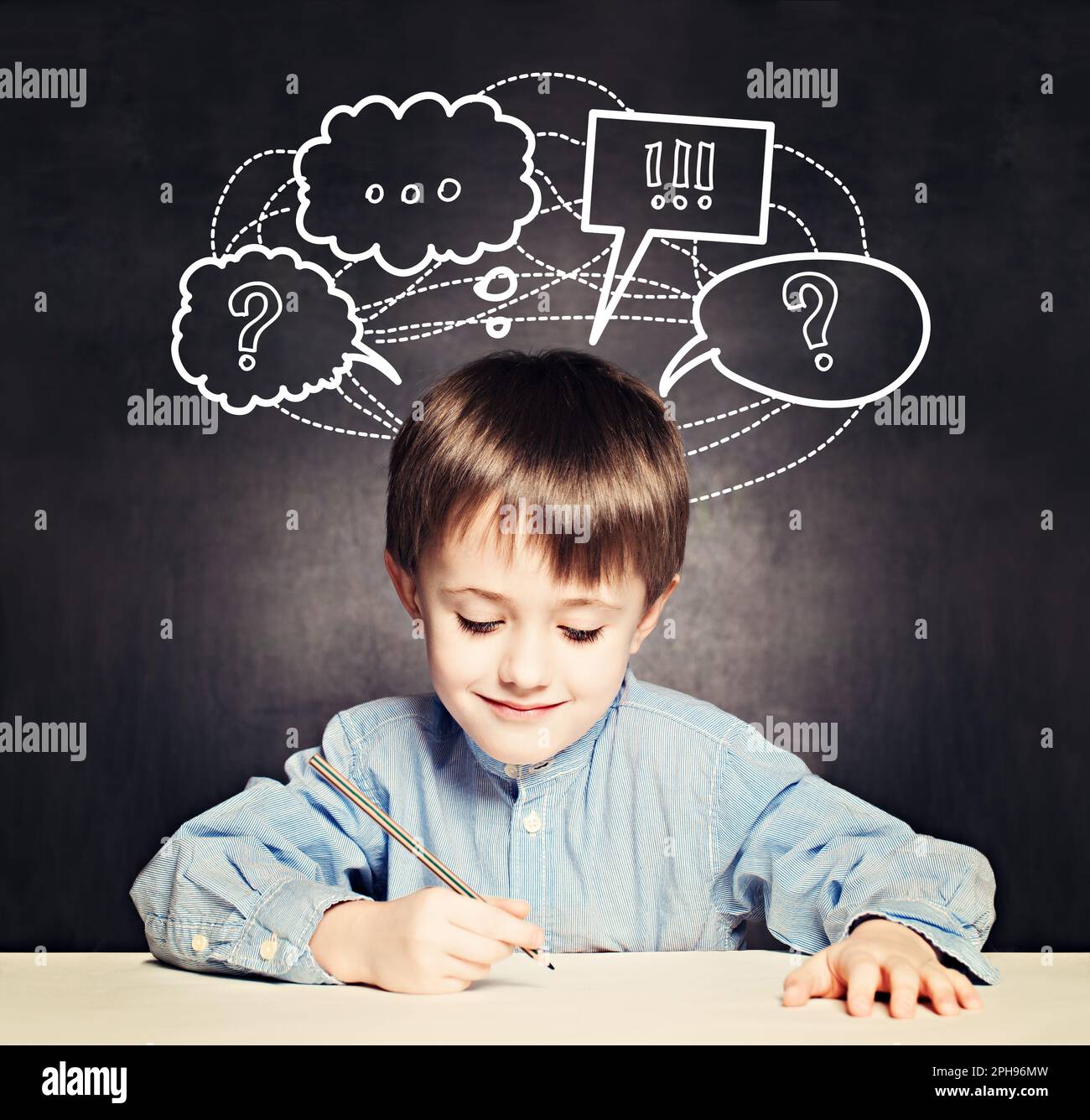 Small Boy Pupil Painting. Child with Pencil and question mark icons ...