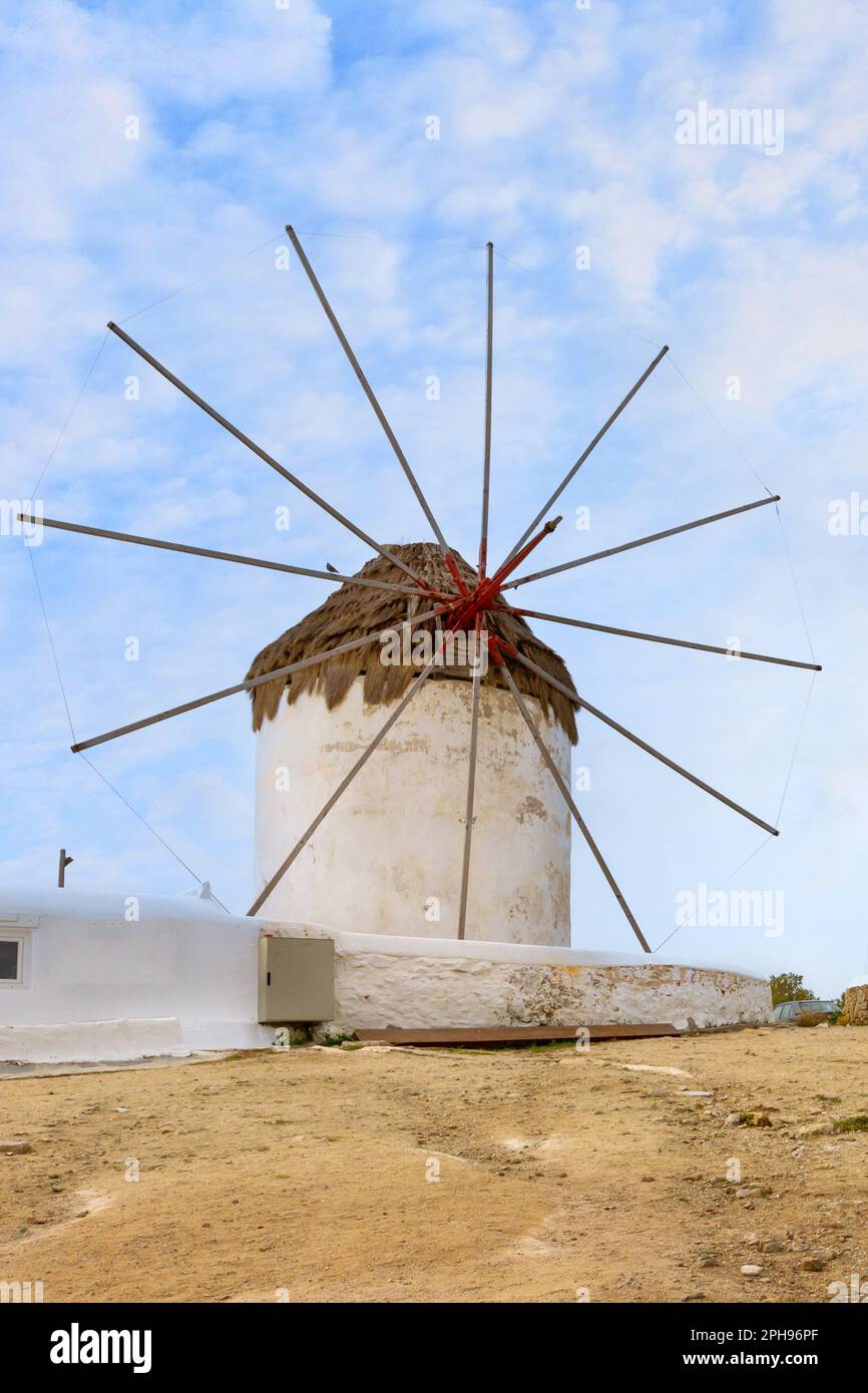 Greek iconic windmill and town panorama in Mykonos, Greece, famous ...