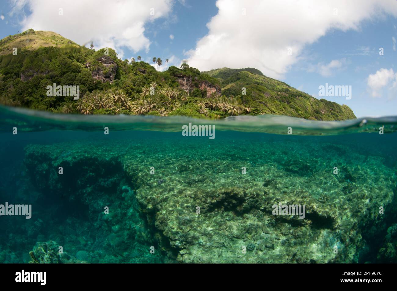 Split shot of coastline, reef and land, Tanimbar, Forgotten Islands ...