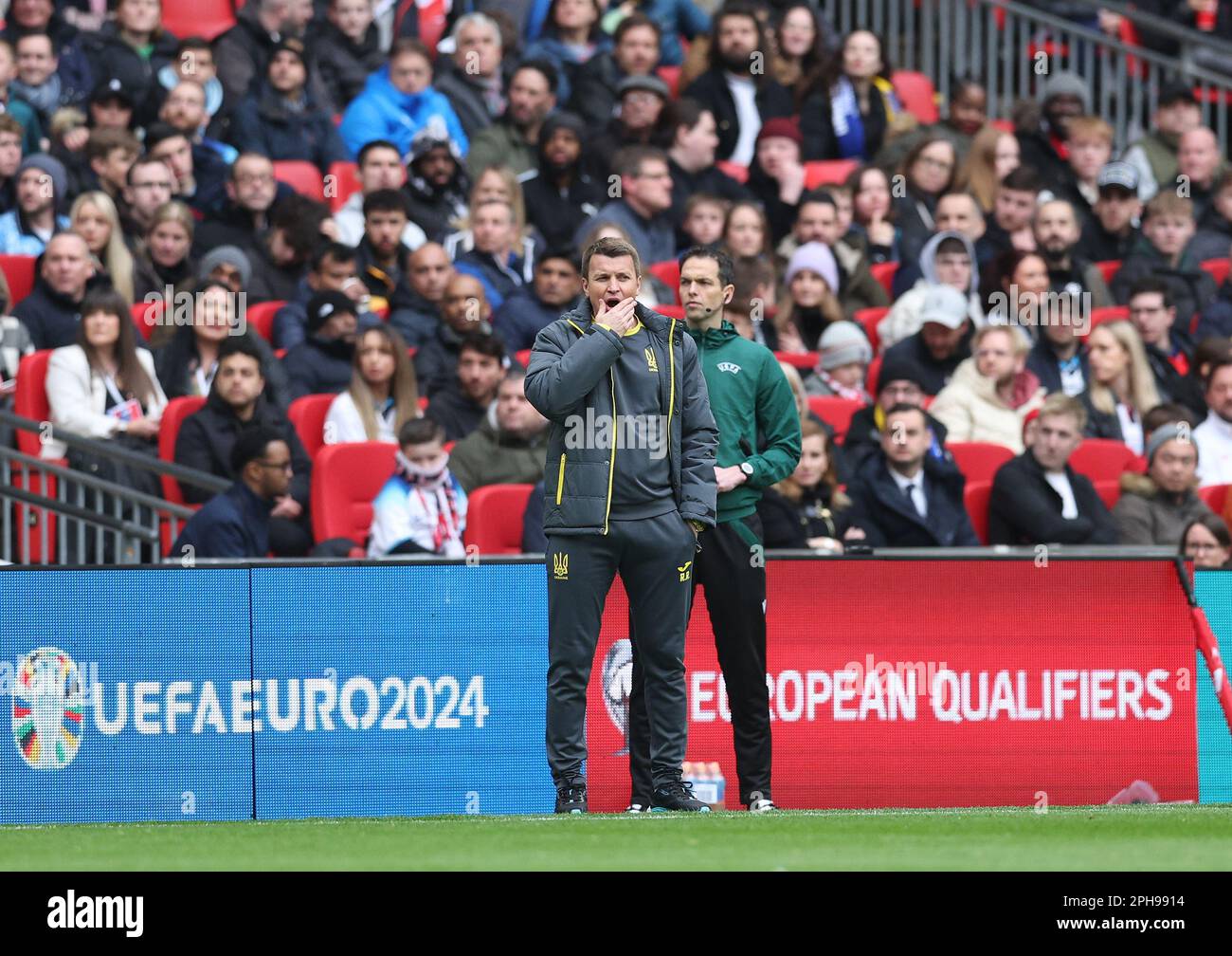 London, UK. 26th Mar, 2023. Ruslan Rotan coach of Ukraine during the ...