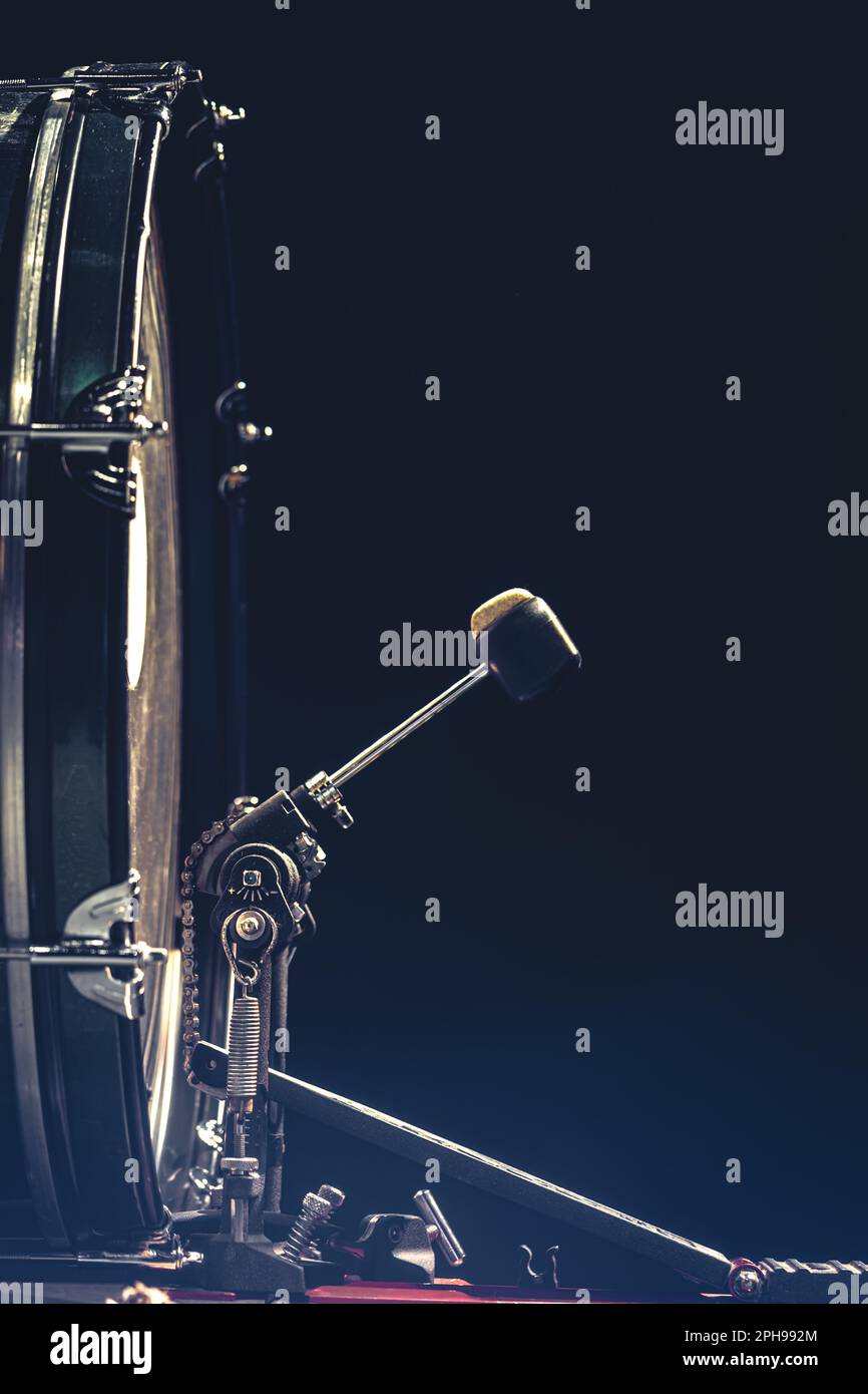 Bass drum with pedal, musical instrument on black background Stock ...