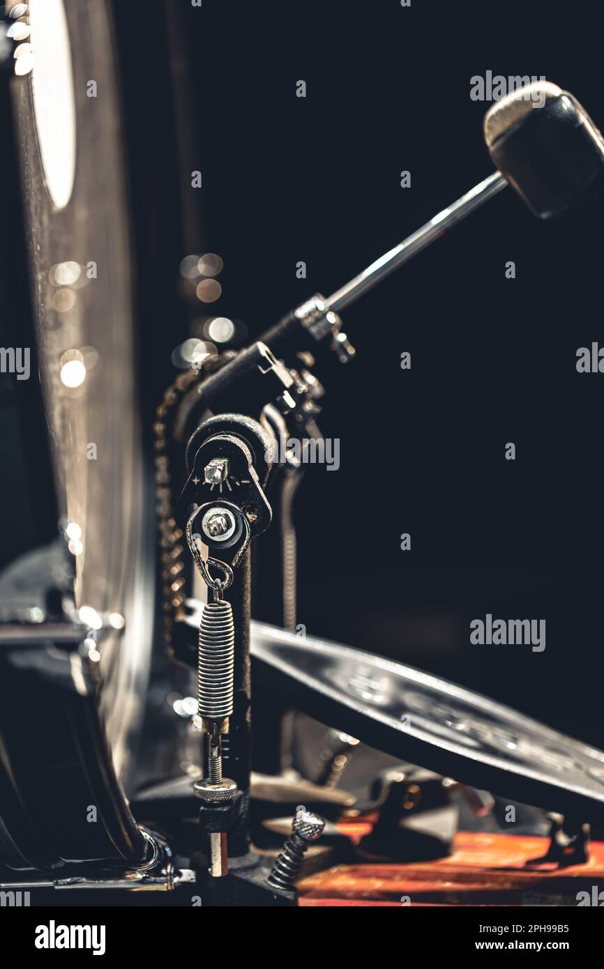 Bass drum with pedal, musical instrument on black background Stock ...