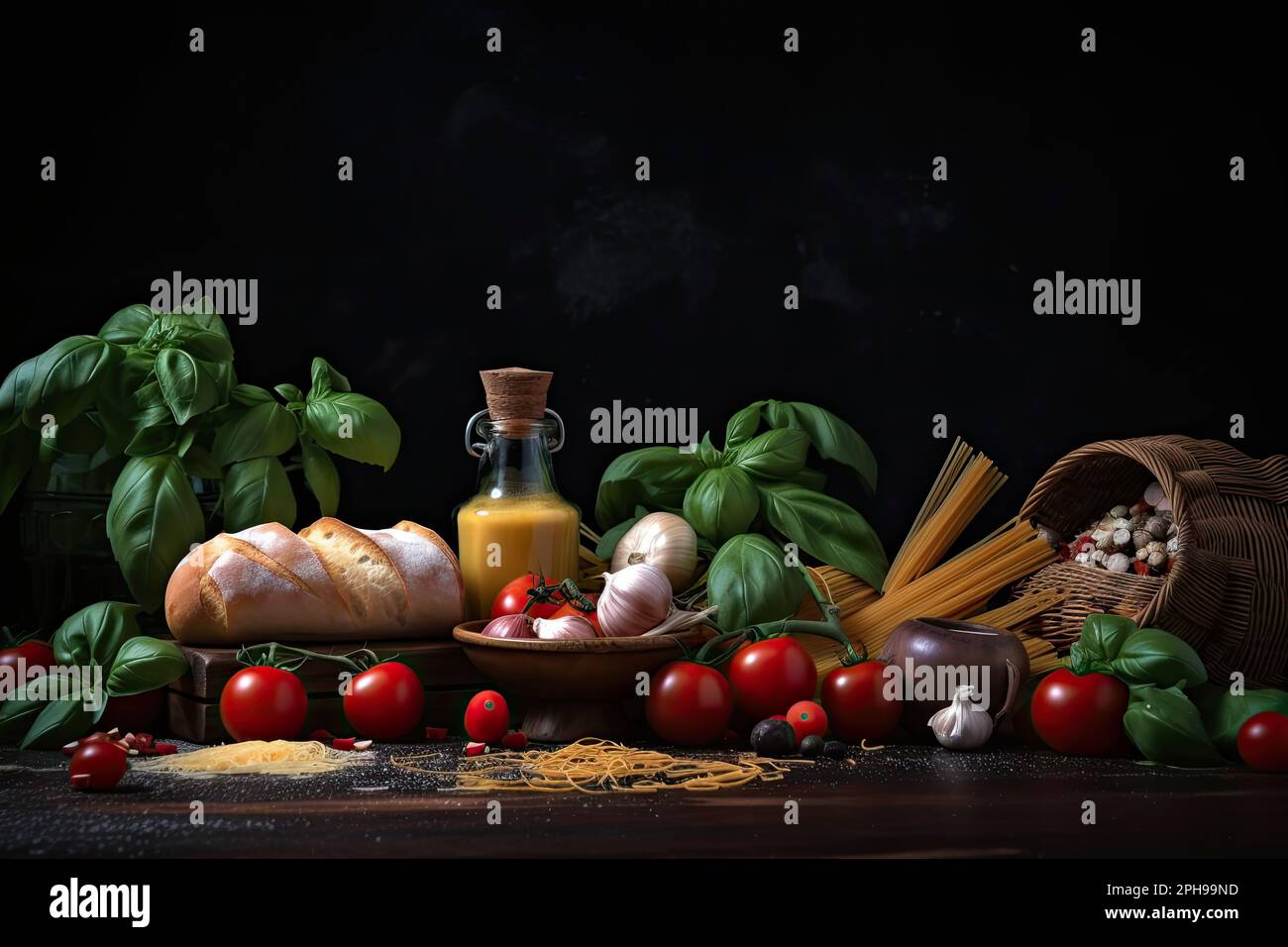 Authentic Italian ingredients arranged beautifully on a dramatic black ...