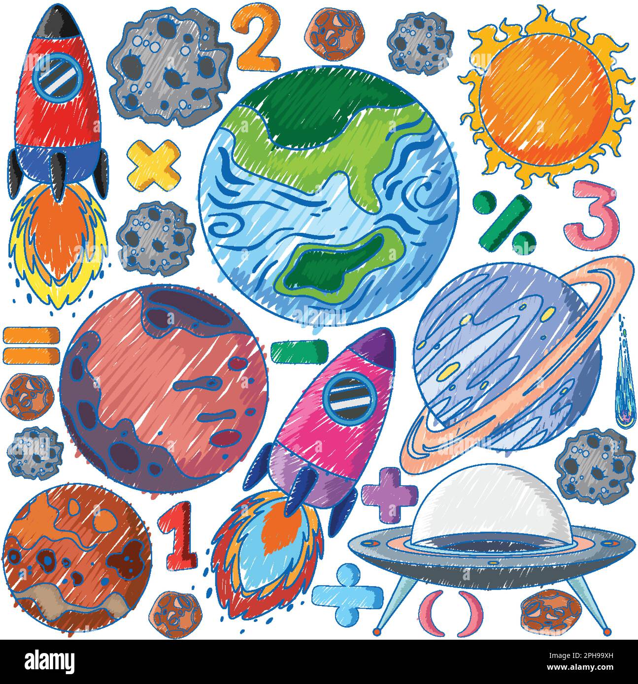 Space Objects in Pencil Colour Sketch Simple Style illustration Stock ...
