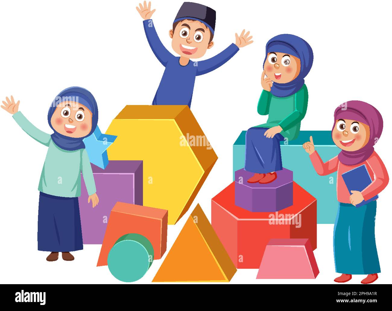 Muslim Kids Learning Math with Shapes illustration Stock Vector Image ...