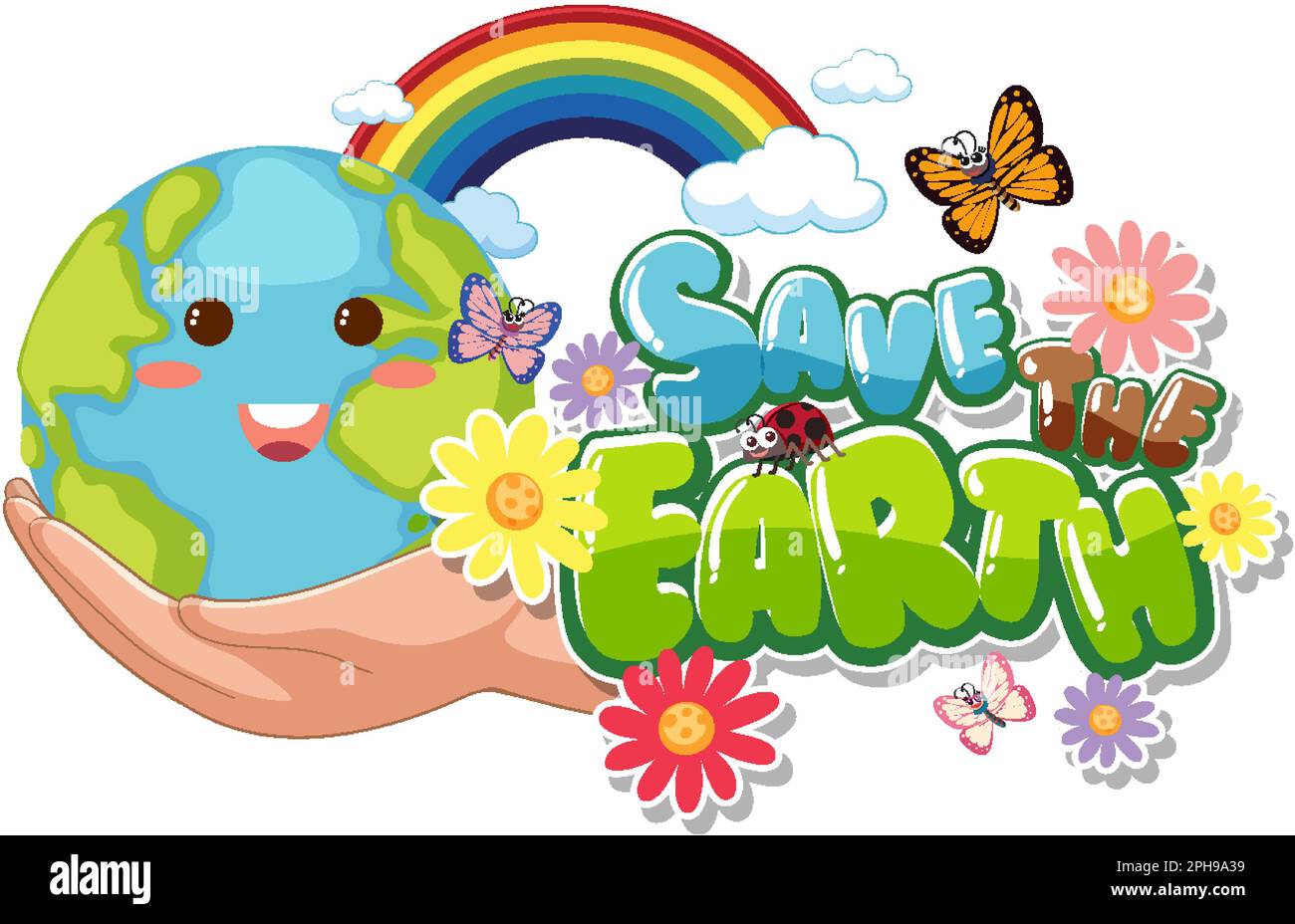 Save the earth text with a happy earth character illustration Stock ...