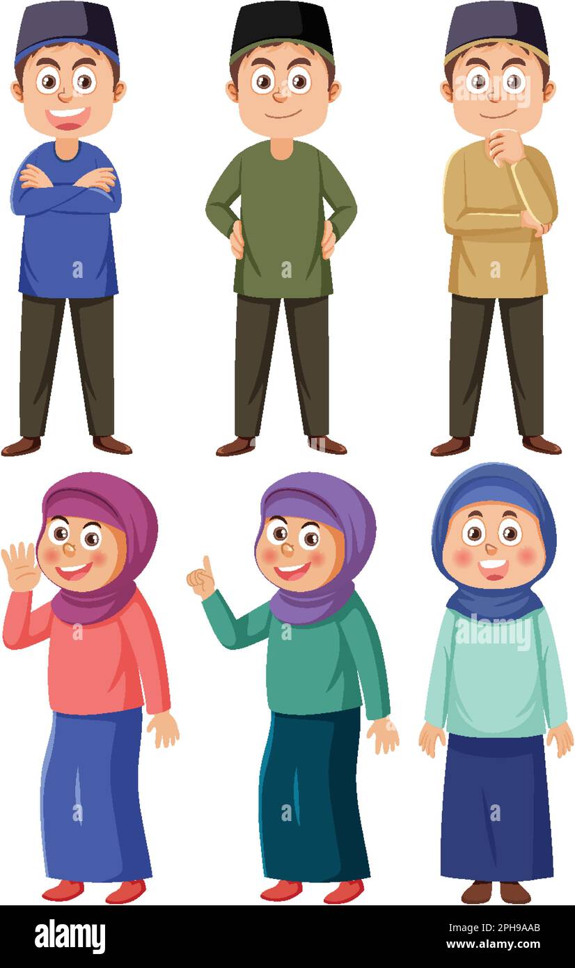 Diverse Muslim Cartoon Characters Set illustration Stock Vector Image ...