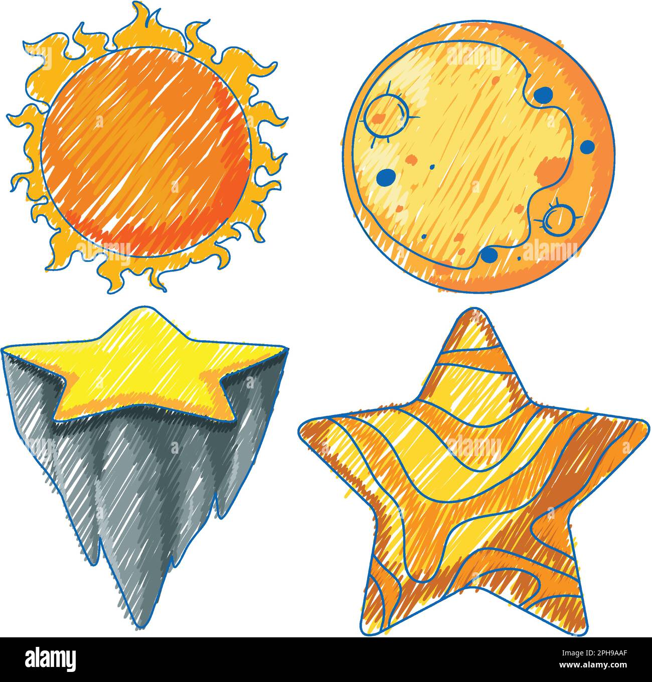 Space Objects in Pencil Colour Sketch Simple Style illustration Stock ...