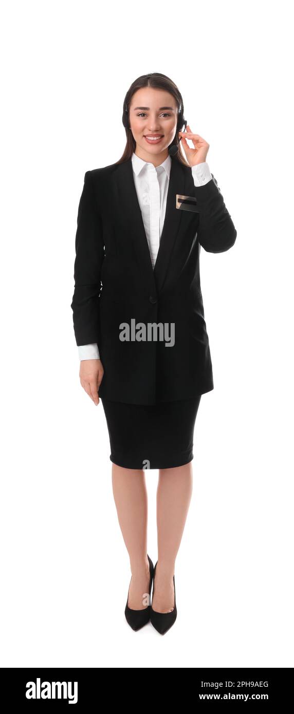 Full length portrait of receptionist with headset on white background ...