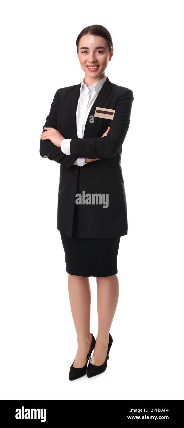 Full length portrait of happy young receptionist in uniform on white ...