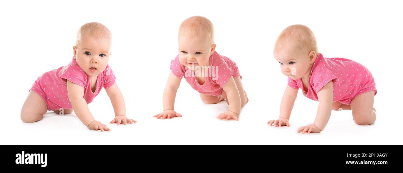Collage with photos cute little baby crawling on white background ...