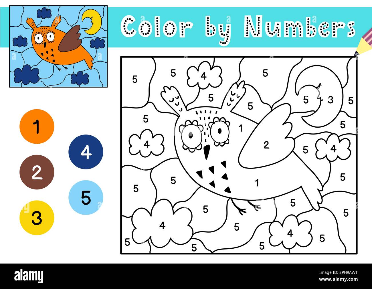 Color by number game for kids. Coloring page with a cute owl at night ...