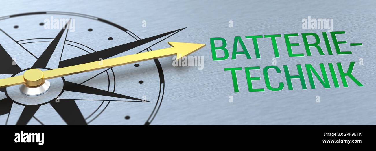 Compass needle pointing to the words Battery technology in german ...