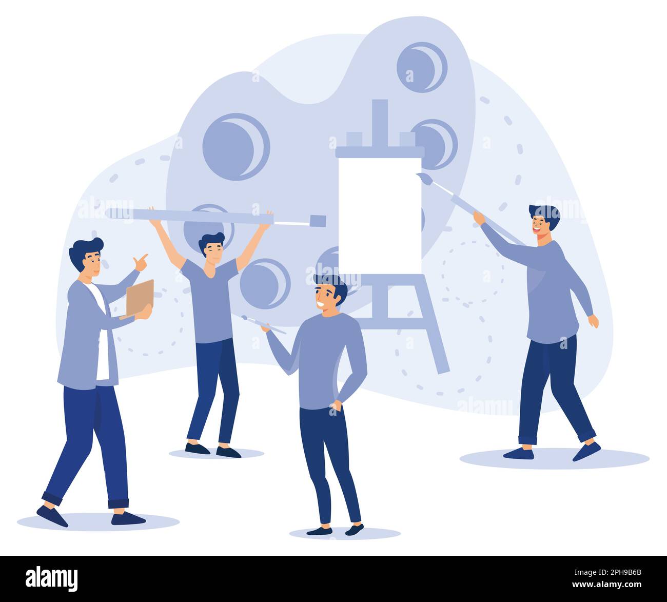 Artist. Art school or studio. Tiny people artists with canvas on easel ...