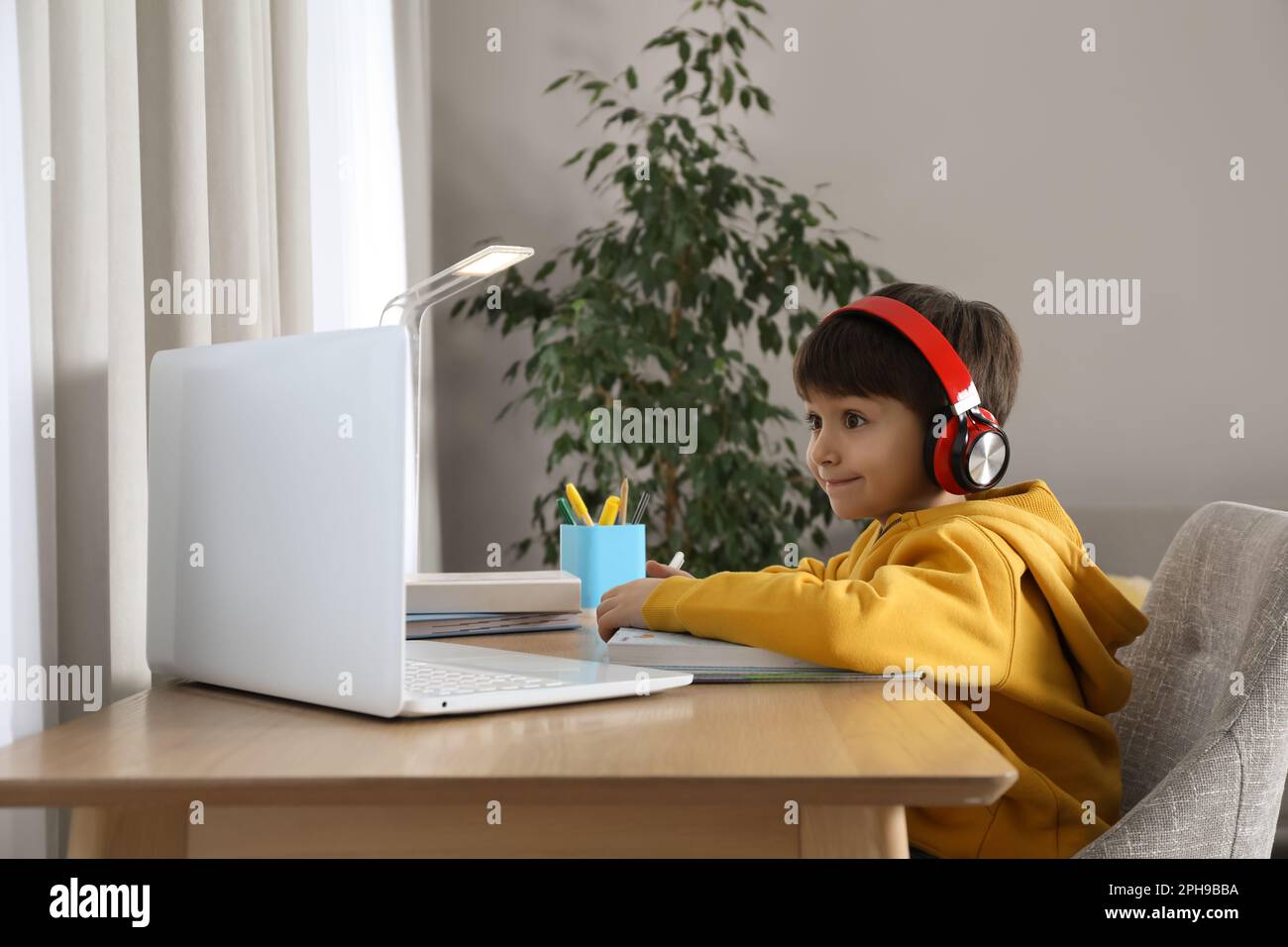 Cute little boy with modern laptop studying online at home. E-learning ...