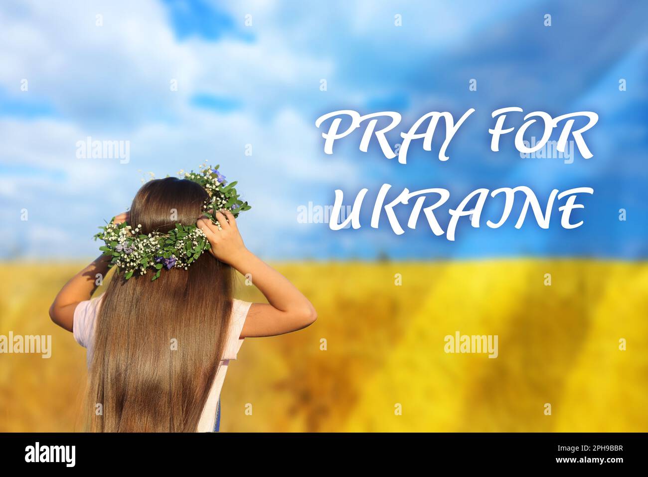 Pray for Ukraine. Double exposure of girl wearing flower wreath ...
