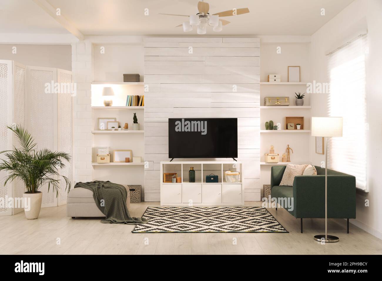 Cozy room interior with stylish furniture, decor and modern TV set ...