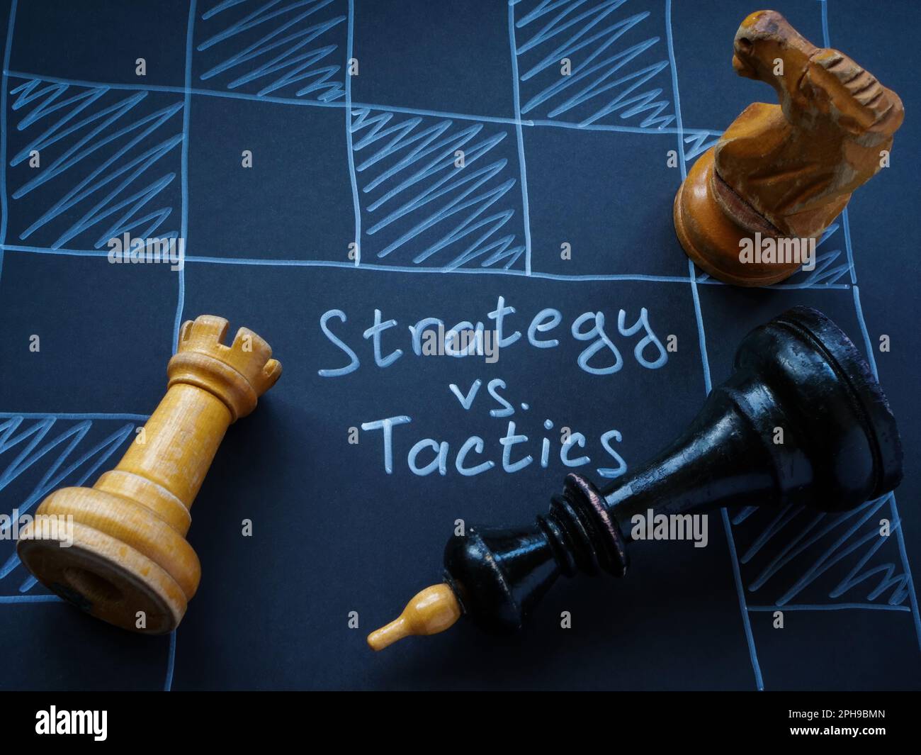 Chess pieces and inscription strategy vs tactics Stock Photo - Alamy