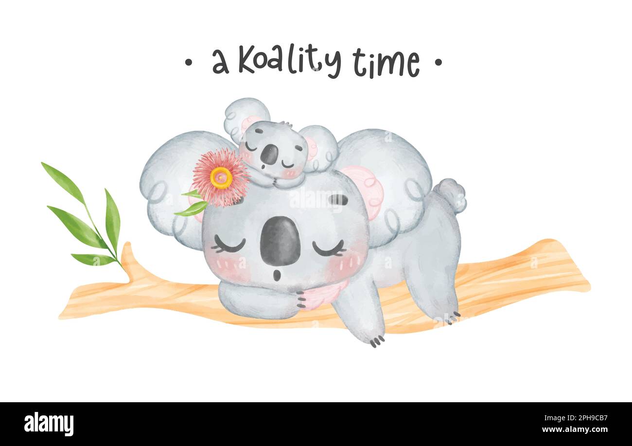 Adorable innocence Australia Koala mother and baby sleeping on tree ...
