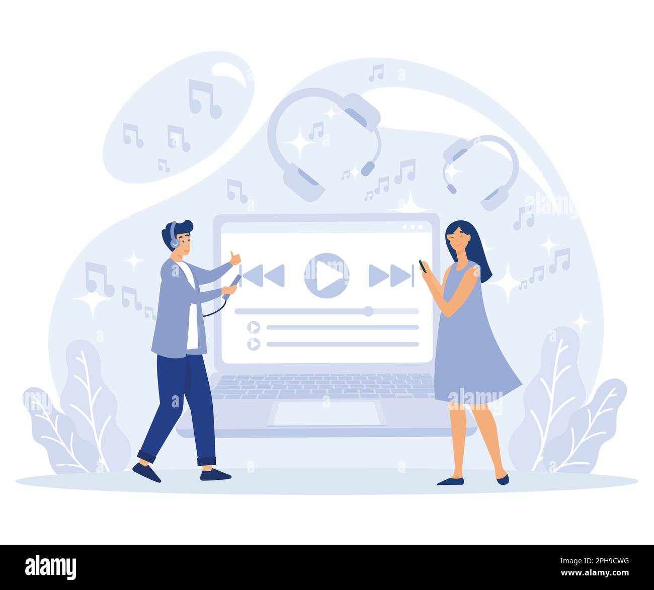 Media player app concept. Tiny people listen music, sound, audio or ...