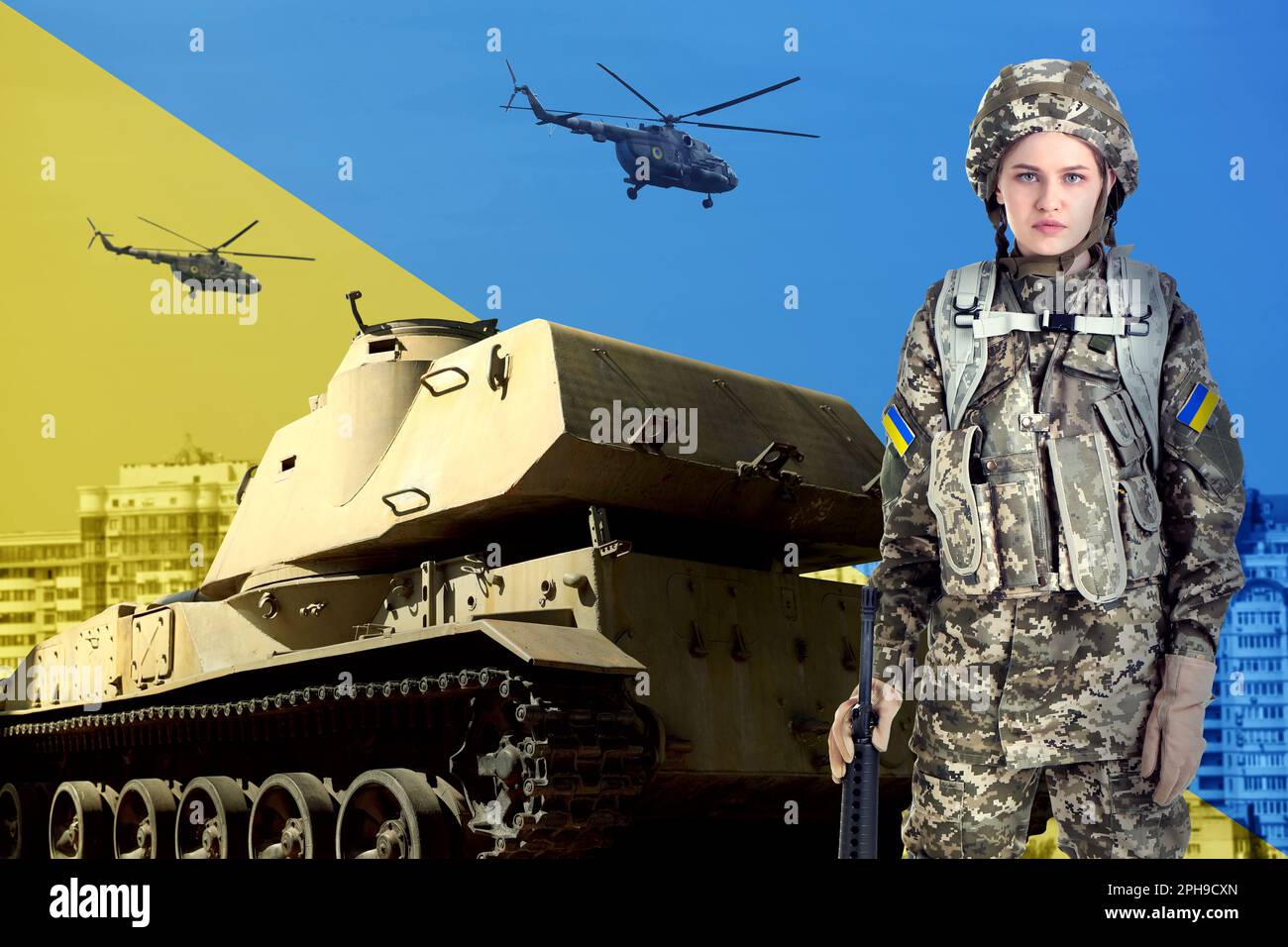 Stop war in Ukraine. Female defender and military machinery protecting ...