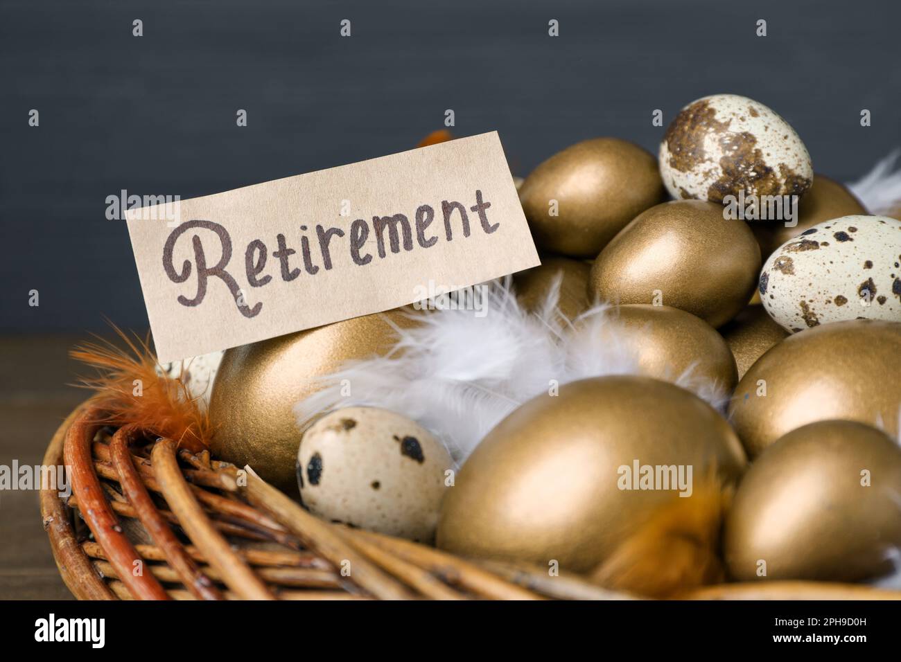 Card with word Retirement, many golden and quail eggs in nest, closeup ...