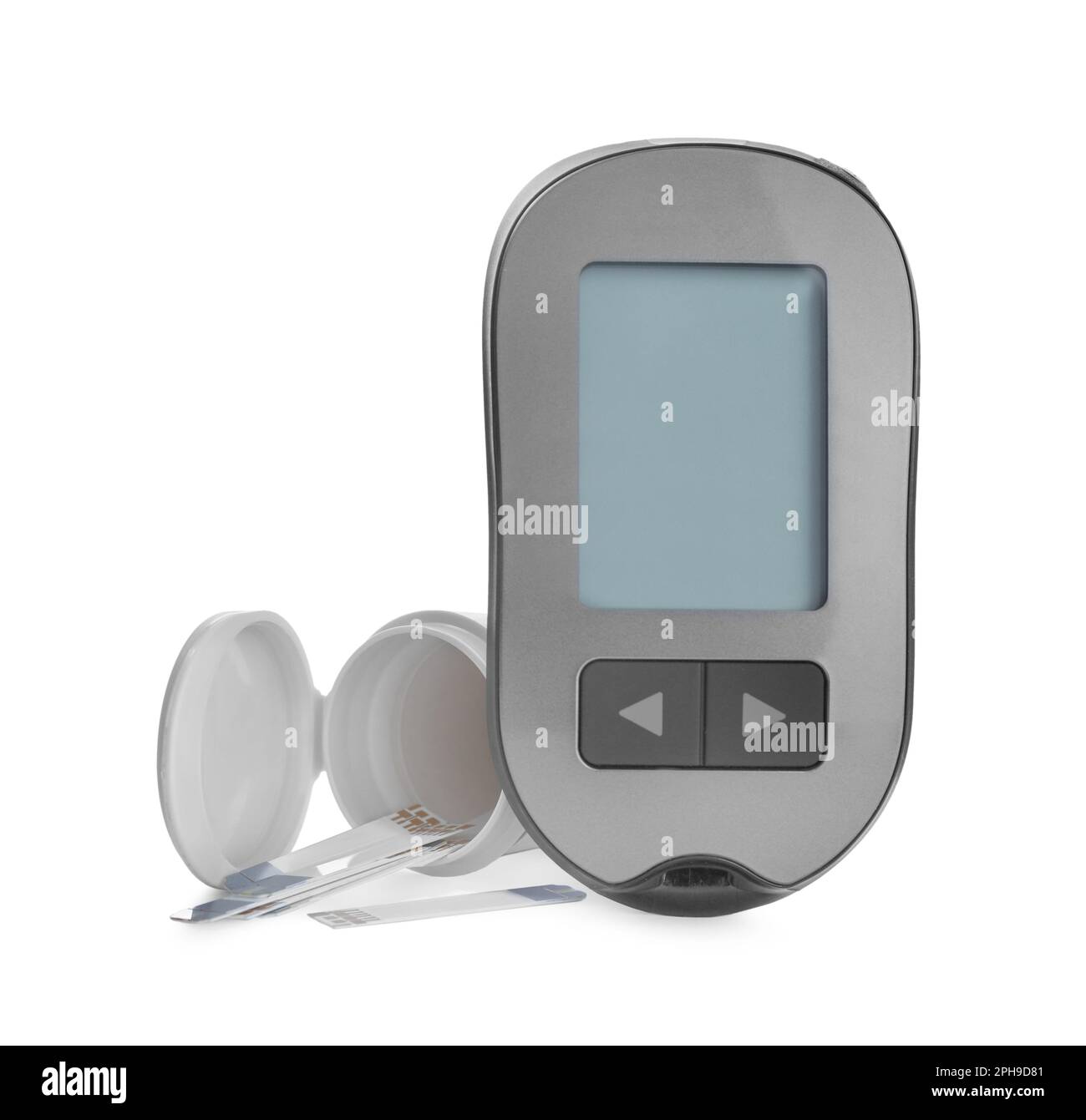 Glucometer and bottle with strips on white background. Diabetes testing ...