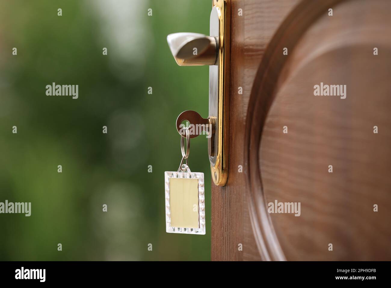 Open door with key on blurred green background, closeup. Space for text ...