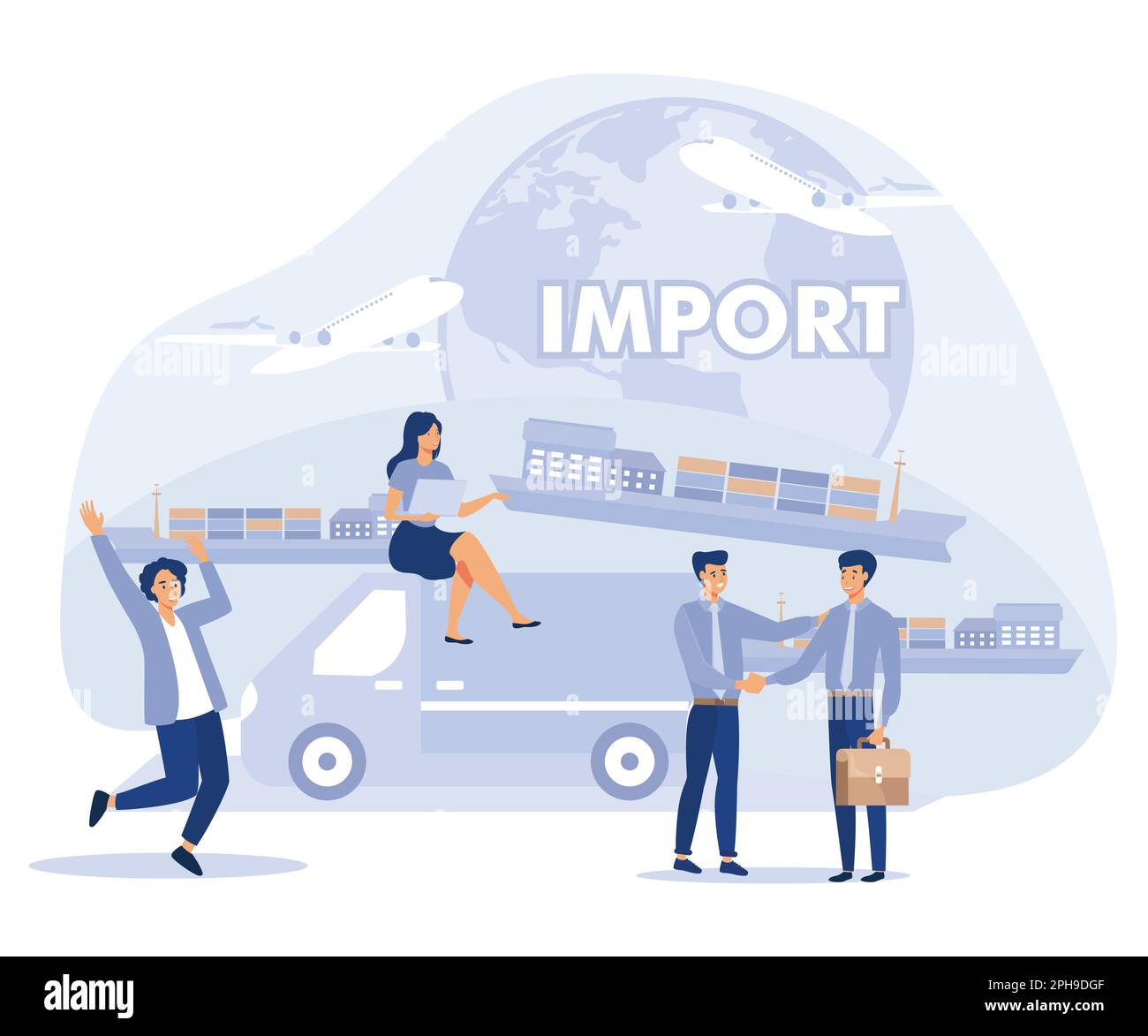 Import and export concept. Tiny people businessman sale goods and ...