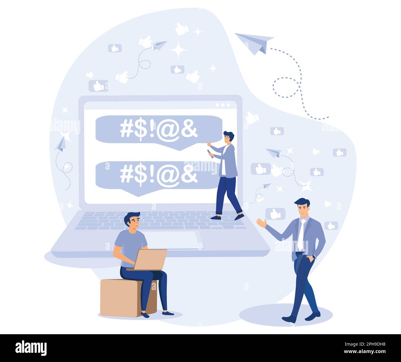 Haters online concept. Tiny people put dislikes and write negative comments. Flat vector modern ...