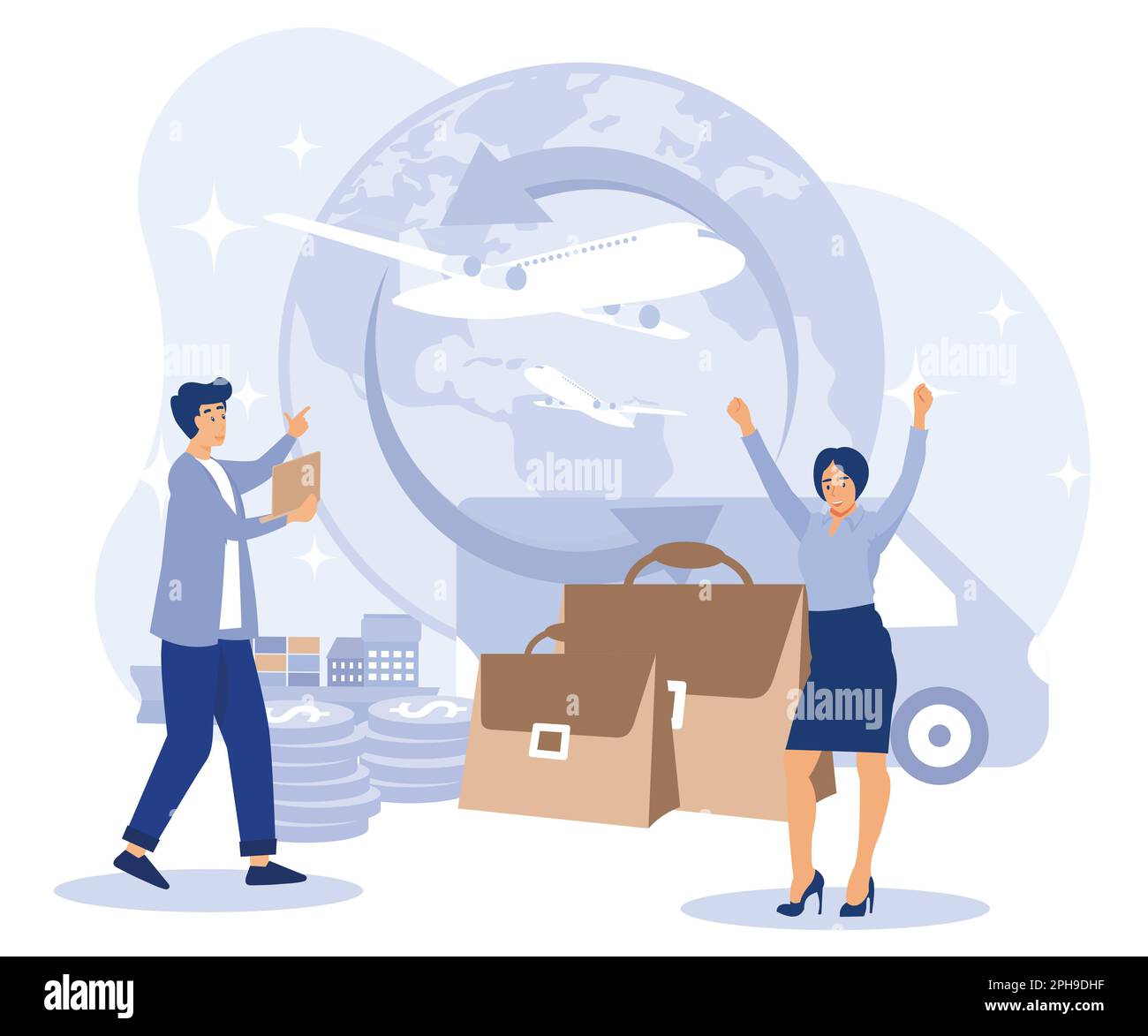 Import and export concept. Tiny people businessman sale goods and ...