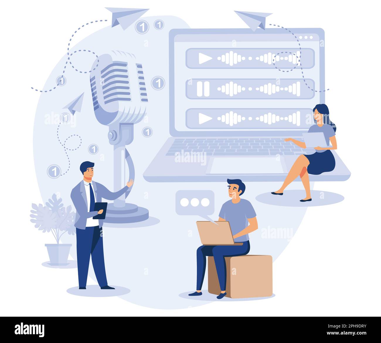 Voice messages concept. Tiny people use microphone to record message ...