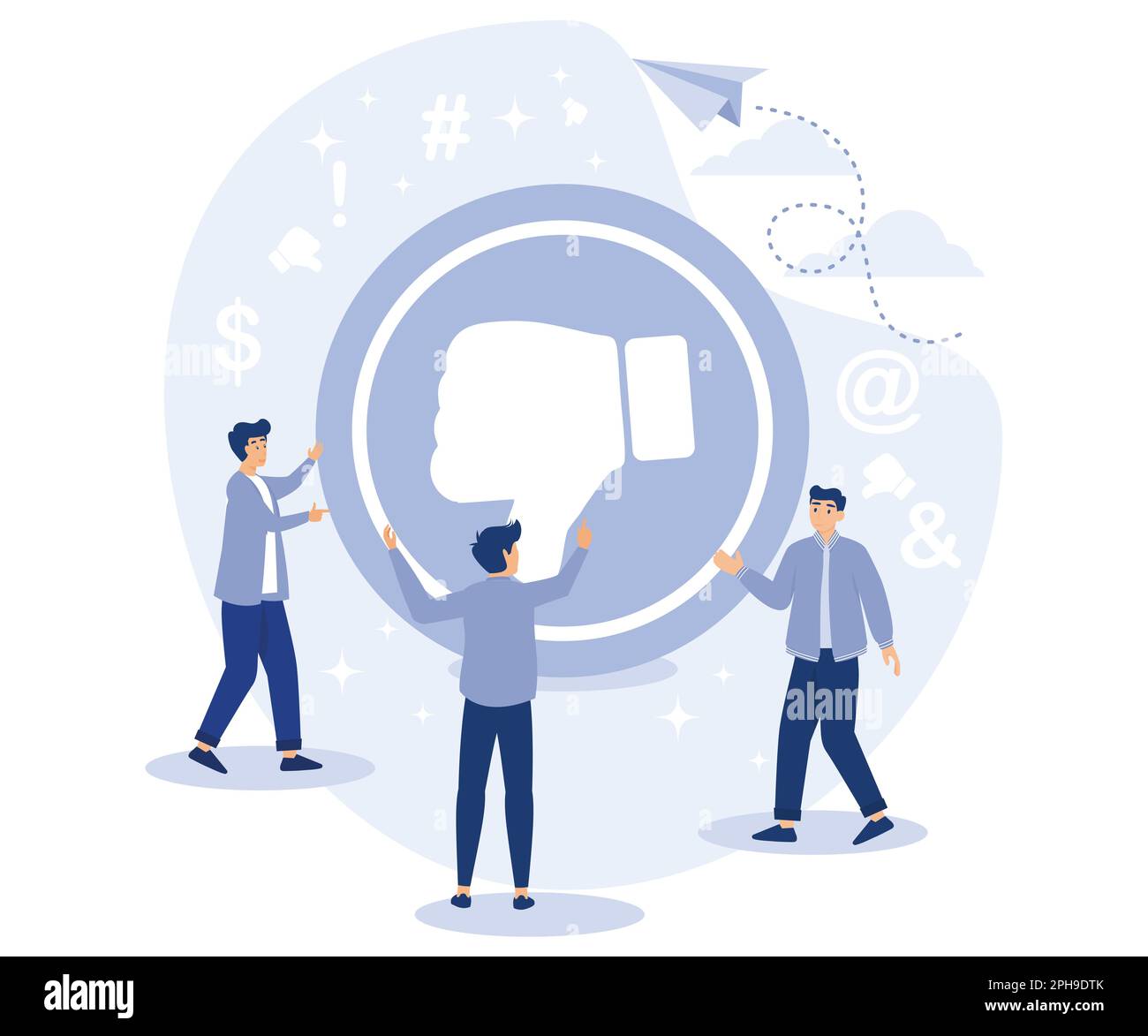 Haters online concept. Tiny people put dislikes and write negative comments. Flat vector modern ...